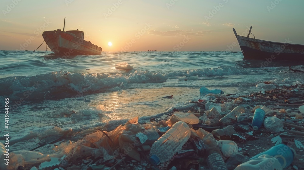 A solitary boat braves the plastic-strewn waters of a rocky beach, as ...
