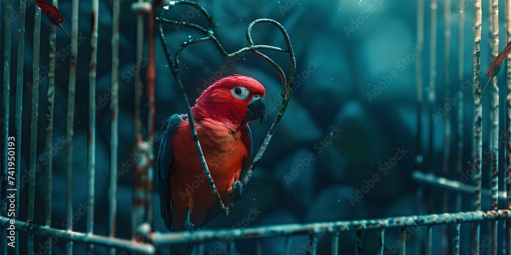 Captivating red parrot perched in a metal cage, a symbol of captivity ...