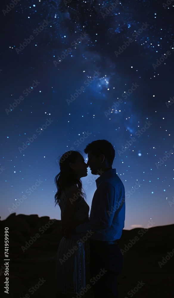 Couple kissing under the starry night sky. Romantic astrology concept ...