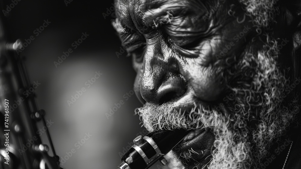 A weathered jazz musician, his wrinkled face framed by a thick beard ...