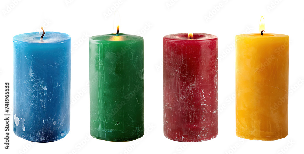 Colorful blue, green, red and yellow candles over white transparent ...