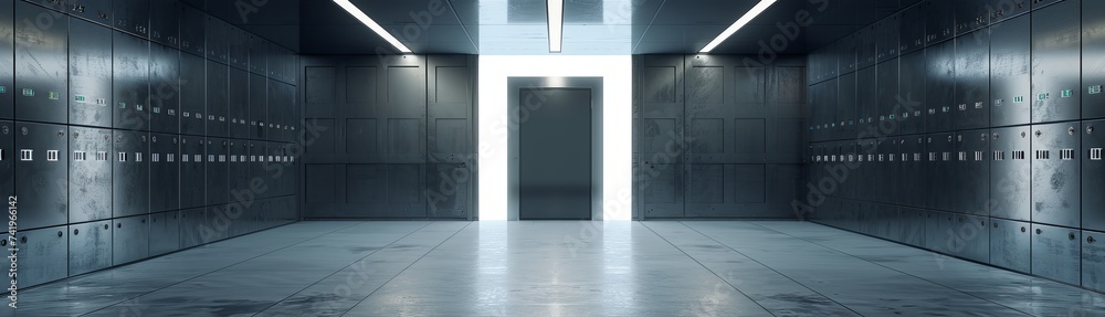 Bank deposit lockers with closed steel doors and a black open safe box ...