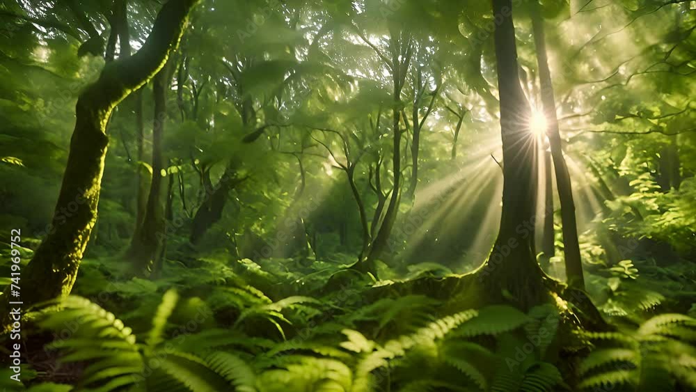 Vidéo Stock Sun shines through dense forest canopy, creating beautiful ...