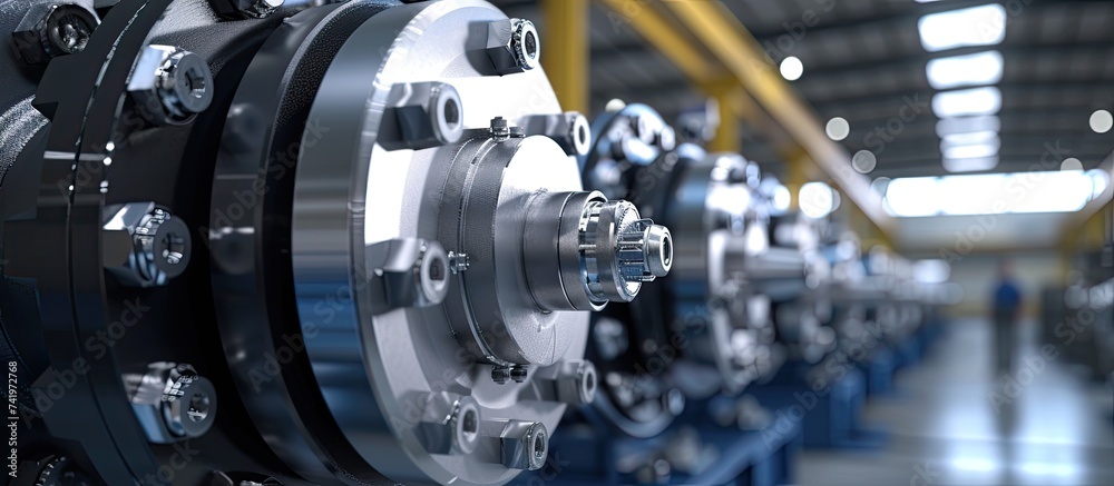 This close-up shot showcases a machine within a factory setting ...