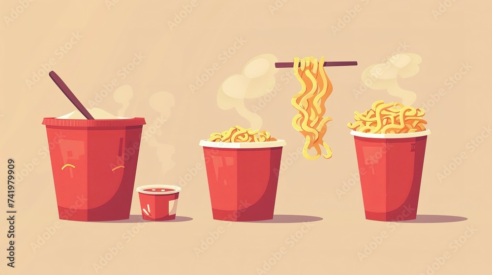 Hot ready to eat noodle in red bowl, paper box and plastic cup with ...