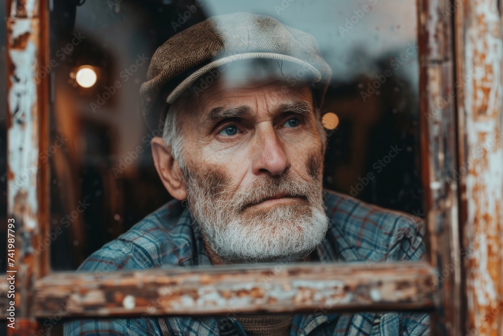A weathered man gazes out his window, his face adorned with a thick ...