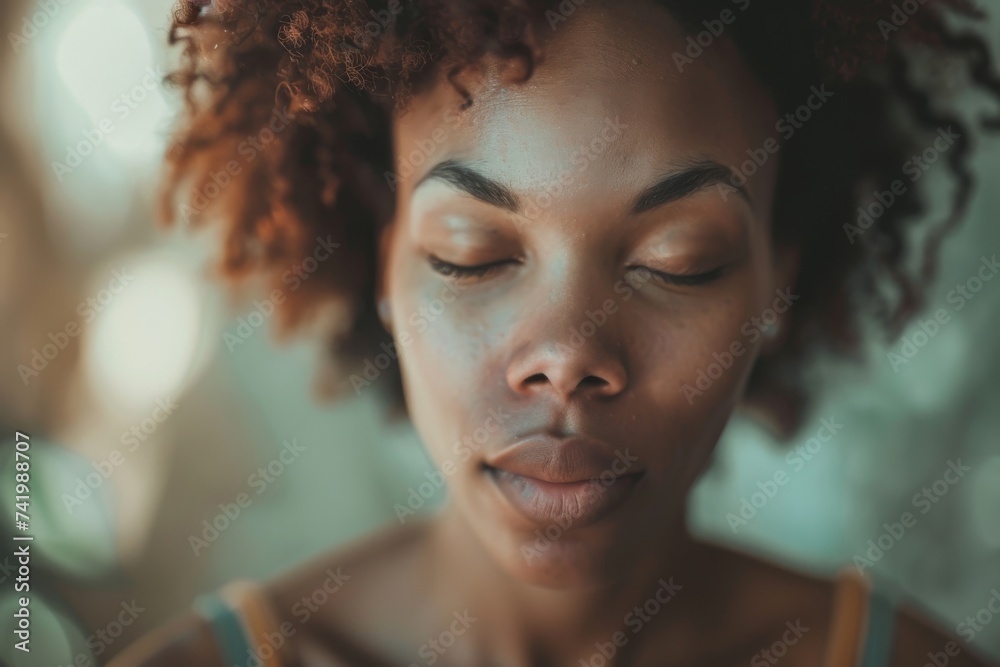 Captivated by her serene expression, the woman's curly hair frames her ...