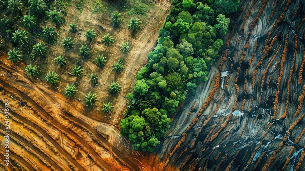 An aerial image depicting deforestation, showcasing the devastation of ...