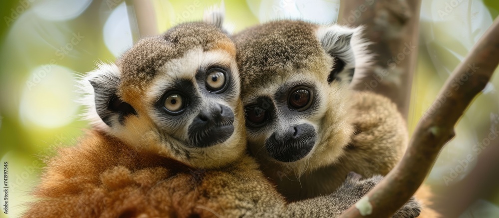 A couple of monkeys are perched on the highest branches of a tree ...