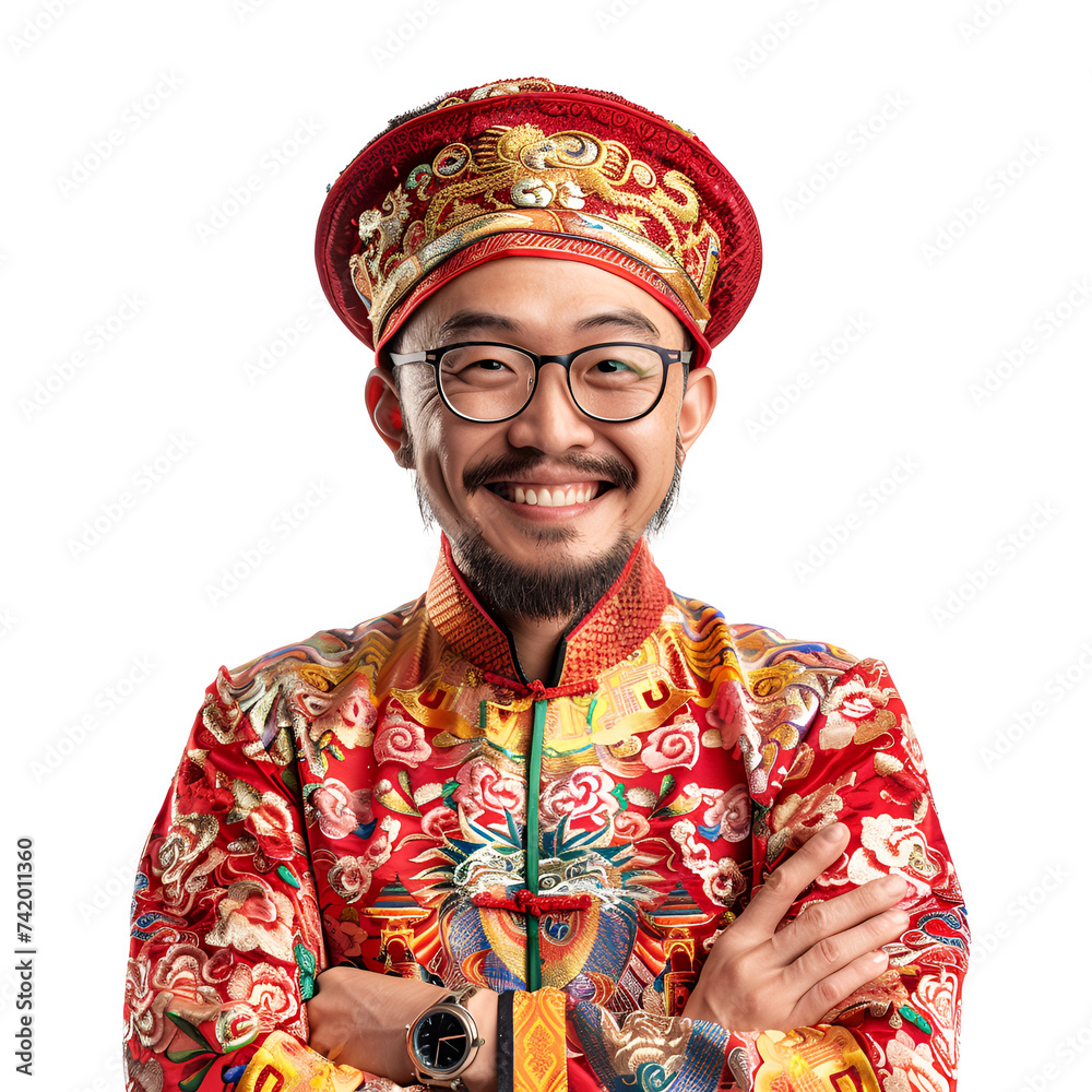 Lunar New Year being celebrated by a happy Chinese man, Isolated on ...