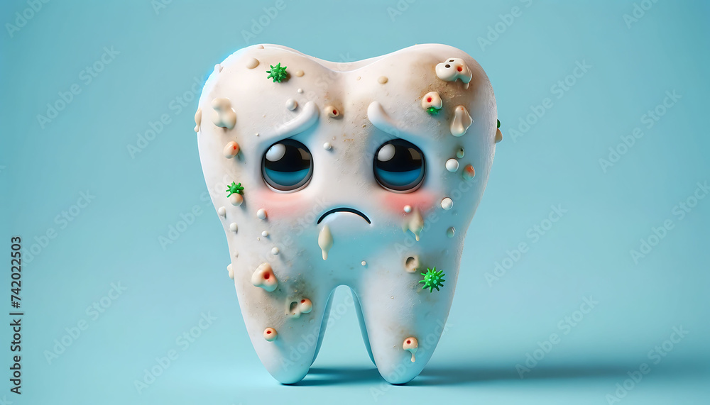 Sad Tooth Character with Cavities and Decay on Light Blue Background ...
