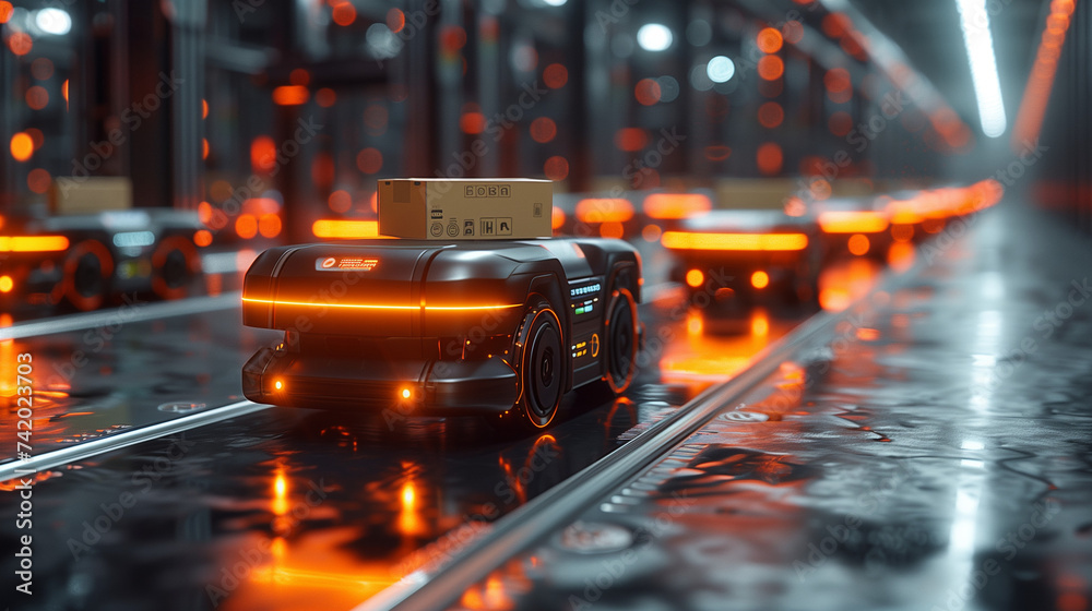 Autonomous robot delivery in warehouses with box on top, Smart Industry 4.0, Automated Retail ...