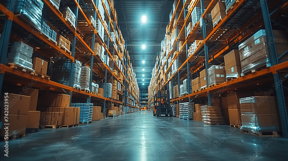 Large modern warehouse with forklifts Huge distribution warehouse with ...