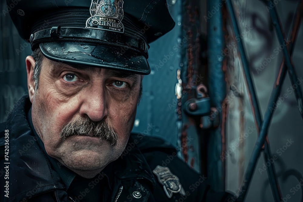 A man with a distinct mustache wearing a police uniform, exuding ...