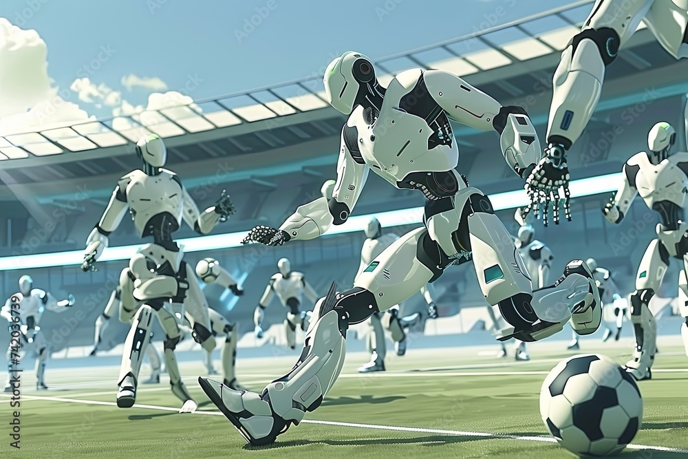 A collection of robotic soccer players engaging in a match on a green ...