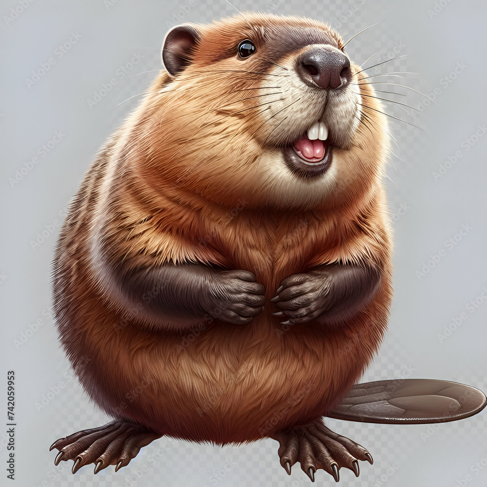 Furry Beaver Animal with its' Mouth Wide Open with its' Two Front Teeth ...