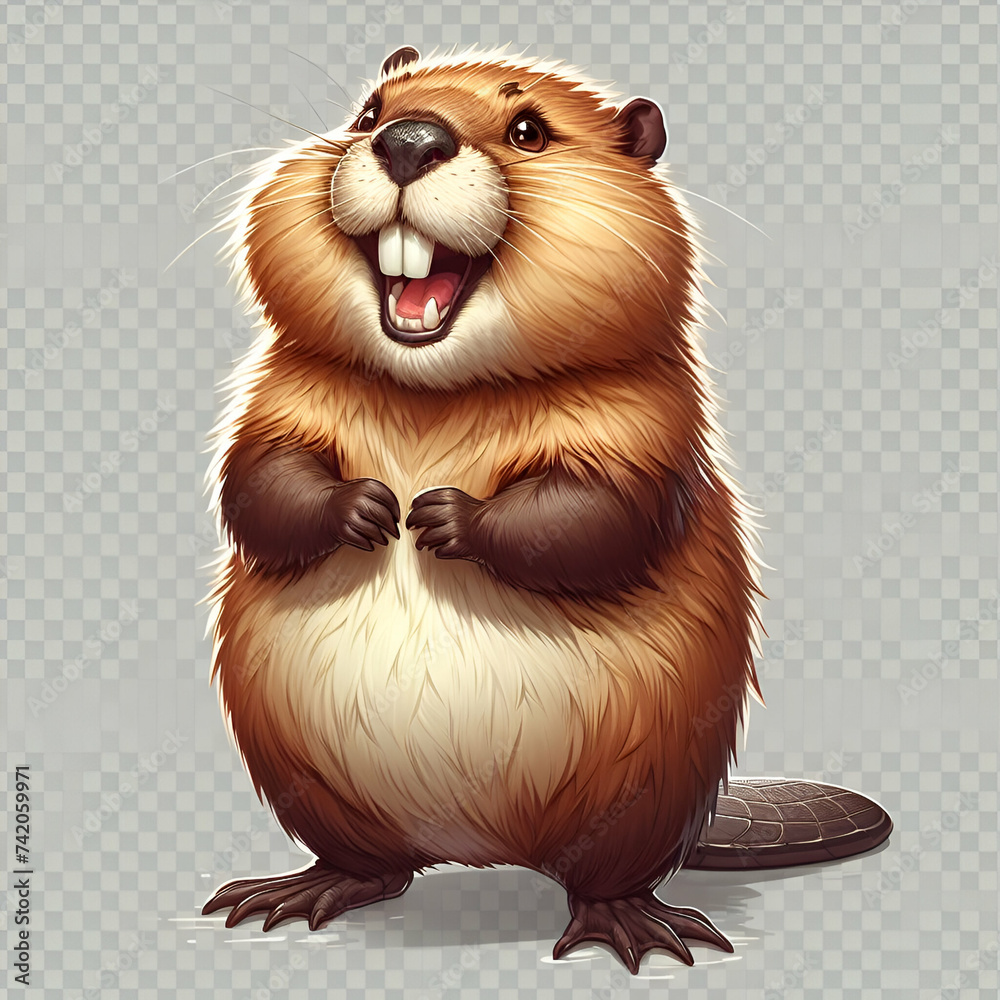 Furry Beaver Animal with its' Mouth Wide Open with its' Two Front Teeth ...