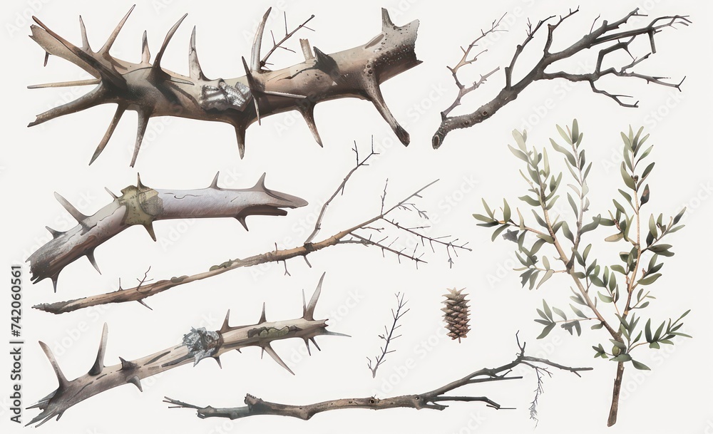 thorns and branches isolated digital drawing, in the style of realistic ...