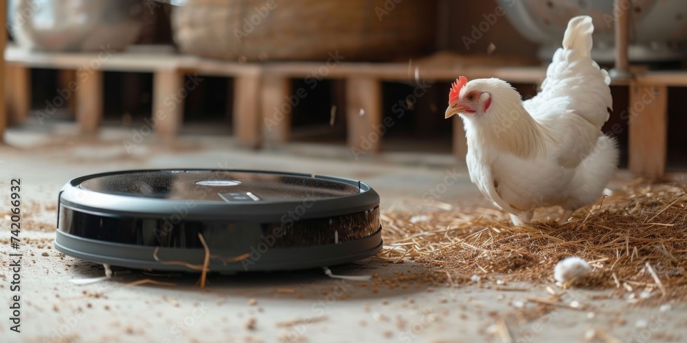 Robot vacuum cleaner declutter floor in chicken coop. Chicken surprised ...
