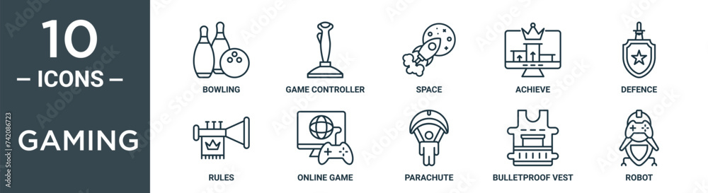 gaming outline icon set includes thin line bowling, game controller ...