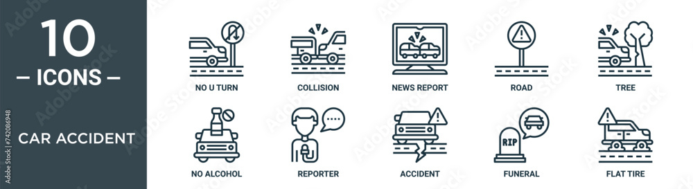 car accident outline icon set includes thin line no u turn, collision ...
