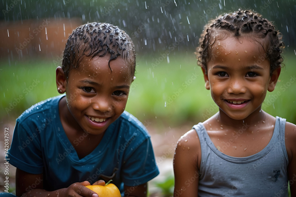 African children playing in the rain, lovely siblings smiling in an ...