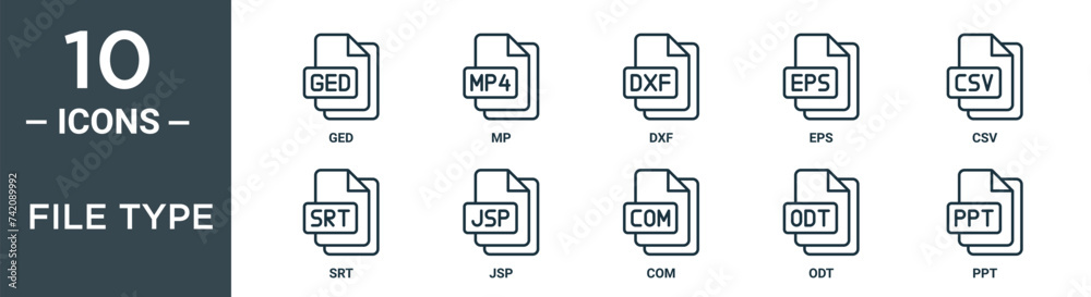 file type outline icon set includes thin line ged, mp, dxf, eps, csv ...