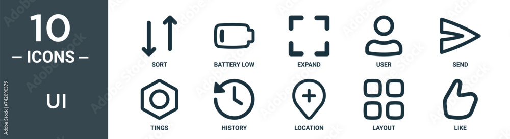 ui outline icon set includes thin line sort, battery low, expand, user ...