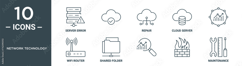 network technology outline icon set includes thin line server error ...