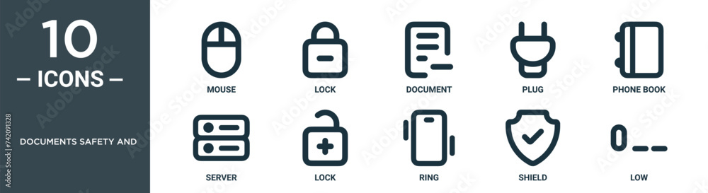 documents safety and outline icon set includes thin line mouse, lock ...