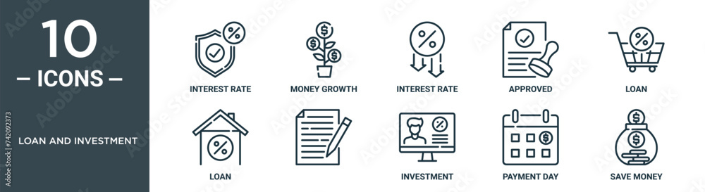 loan and investment outline icon set includes thin line interest rate ...