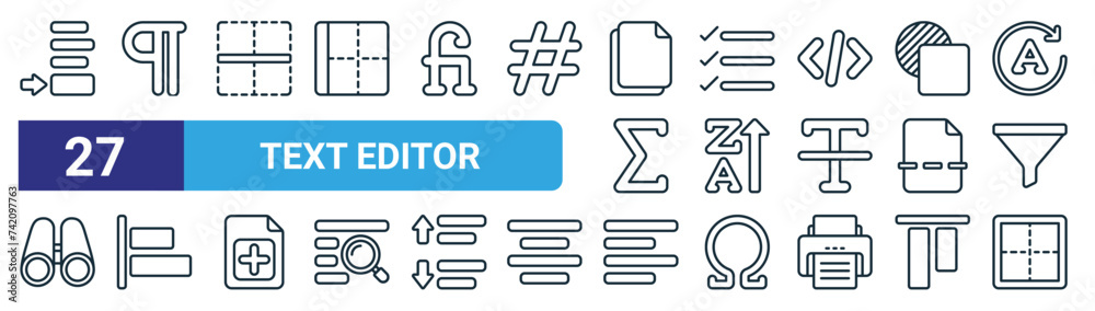 set of 27 outline web text editor icons such as lines, paragraph ...