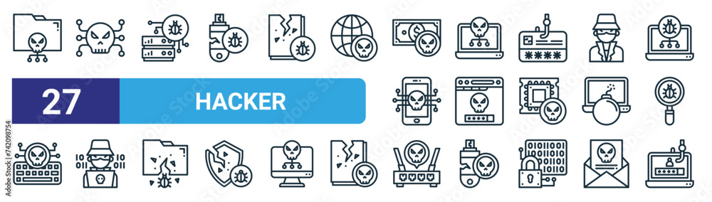 set of 27 outline web hacker icons such as folder, network, server ...
