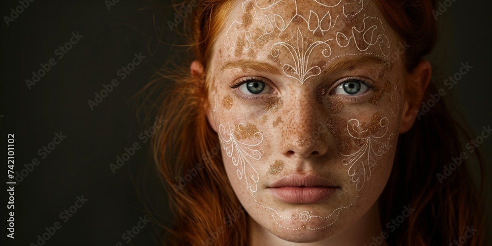 Portrait of a redhead young woman with freckles, her face adorned with ...