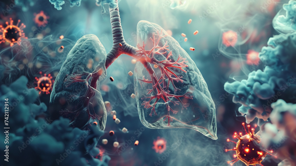 A surreal 3D animation scene of a microscopic battlefield within human ...