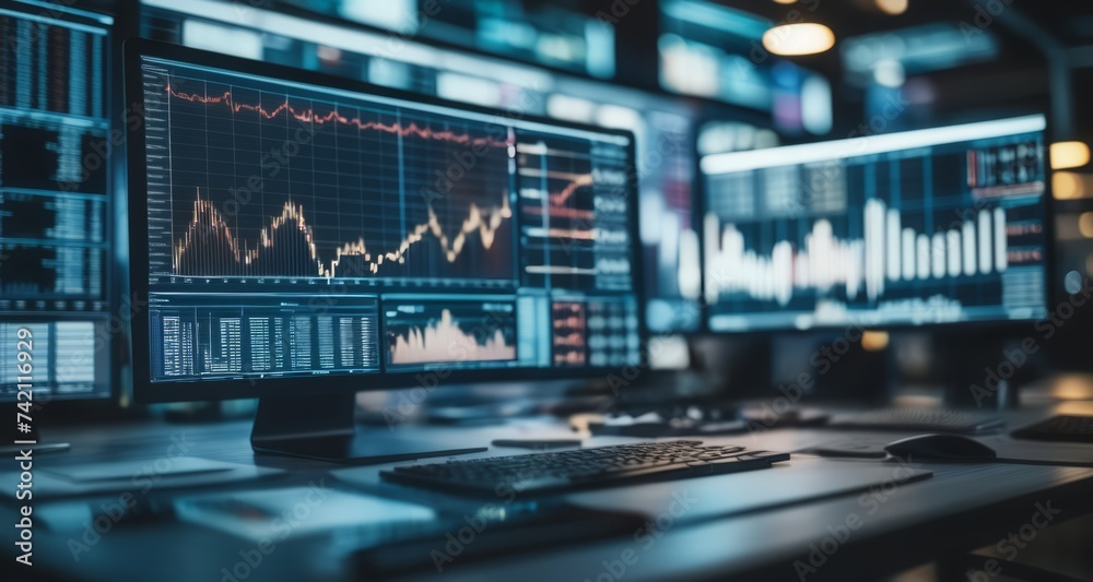 High-tech trading room with multiple monitors displaying financial data Stock Photo | Adobe Stock