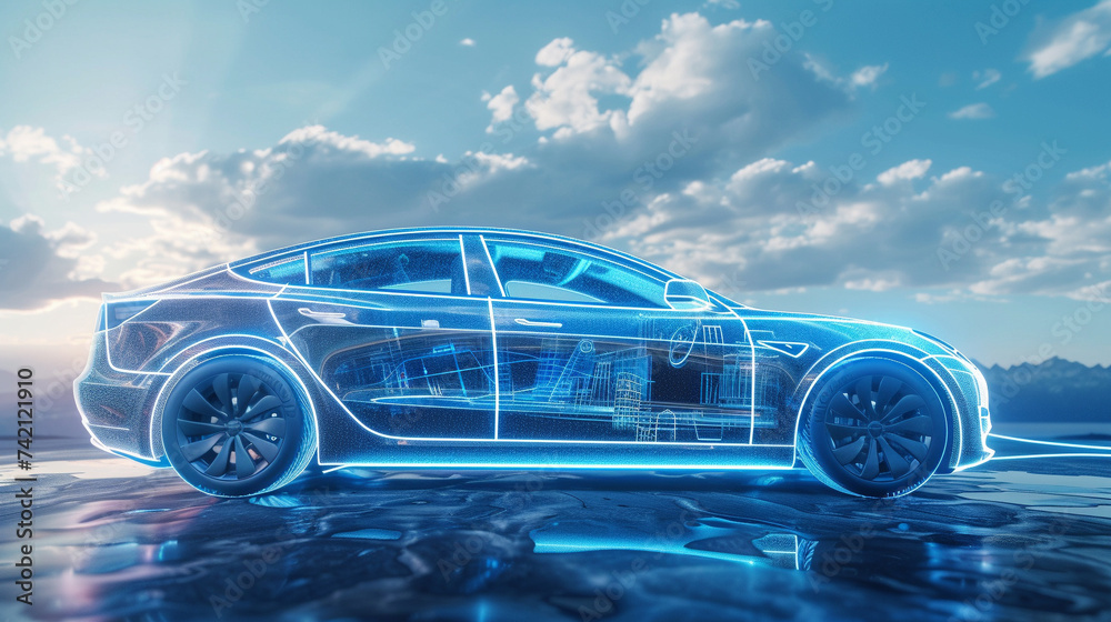 Design a striking backdrop background presenting a car with an electric ...