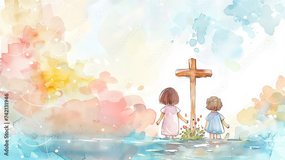 Two little children next to a cross with specks of color around them. A ...