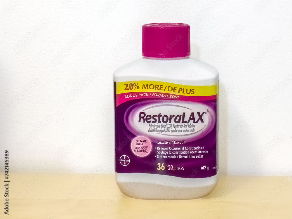 Calgary, Alberta, Canada. Feb 18, 2024. A bottle of RestoraLAX an ...