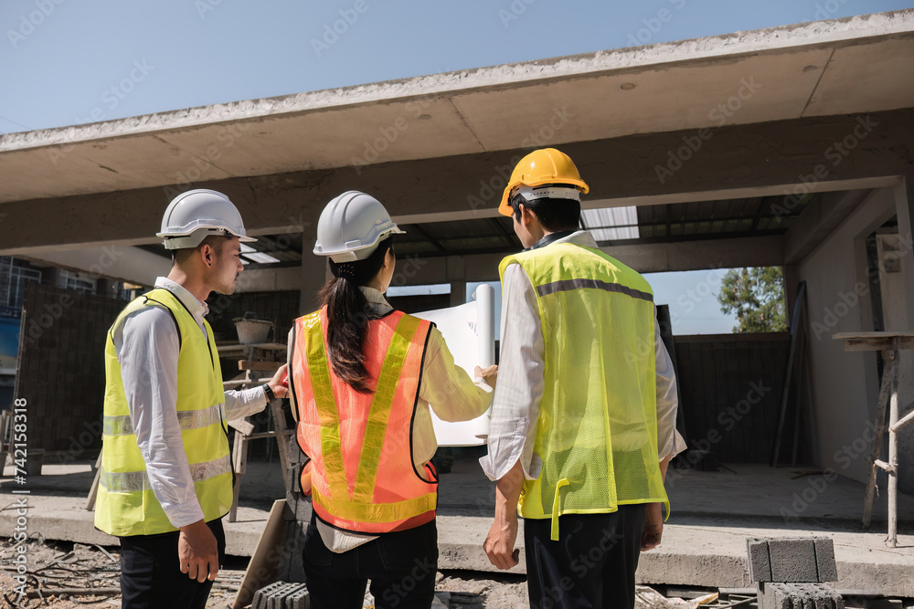 Team of professional civil engineers and architects holding project ...