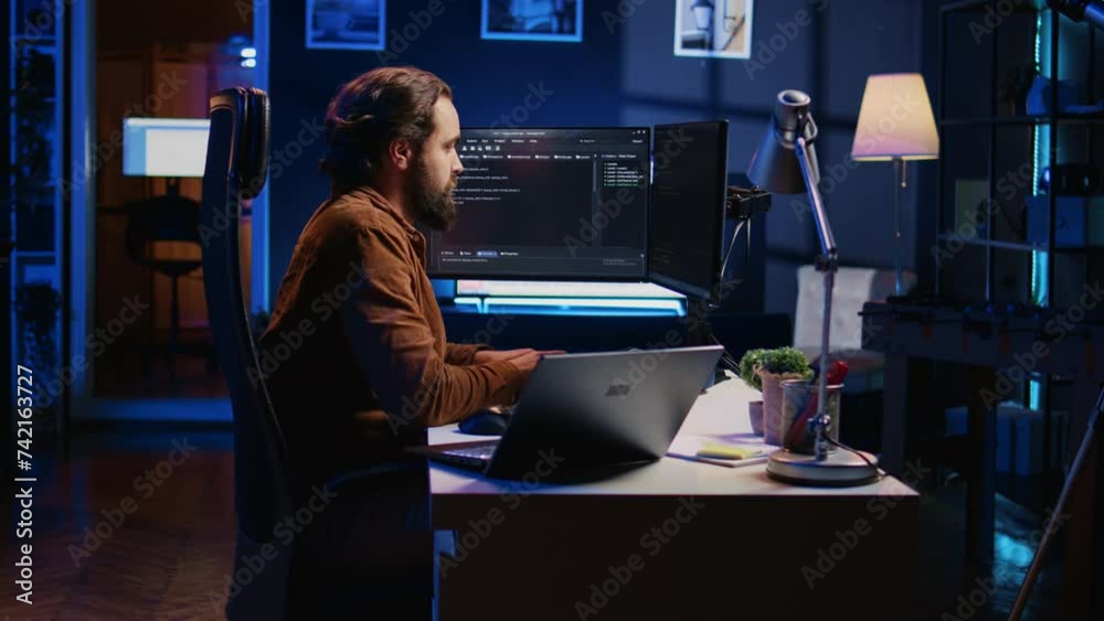 Overworked developer complaining while typing difficult code in home ... Overworked developer complaining while typing difficult code in home ...
