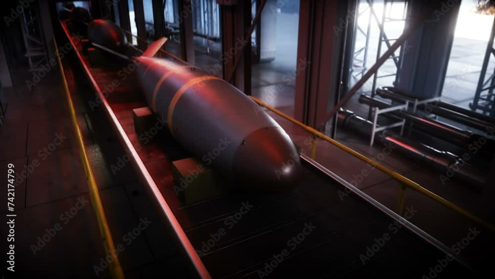 Atomic, nuclear bomb factory, production line. War concept, realistic ...
