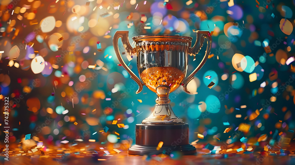 A gleaming gold winners trophy cup takes center stage, surrounded by a ...