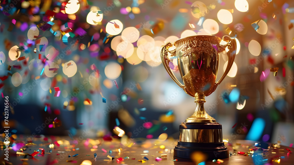 A gleaming gold winners trophy cup takes center stage amidst a shower ...