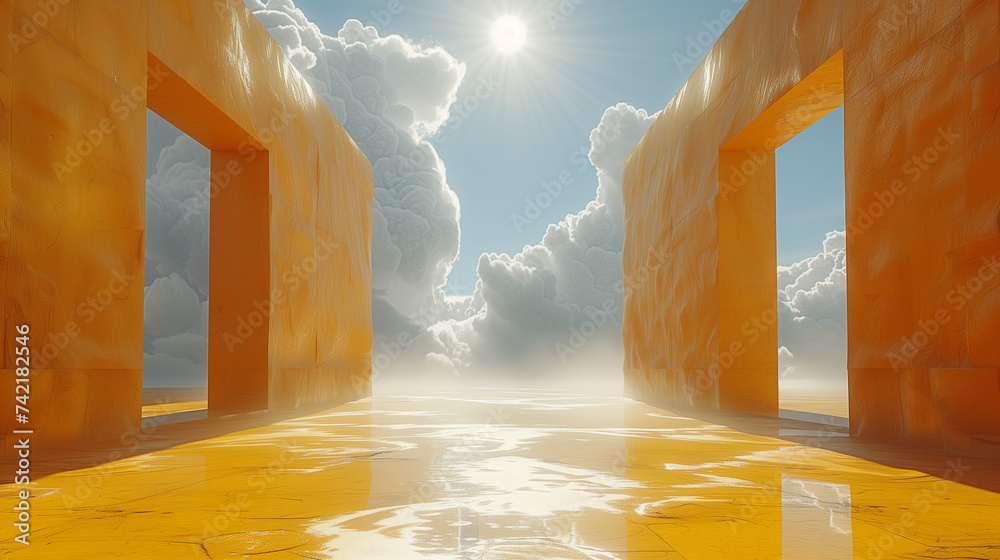 door to heaven, 3d render, Surreal desert landscape with white clouds ...