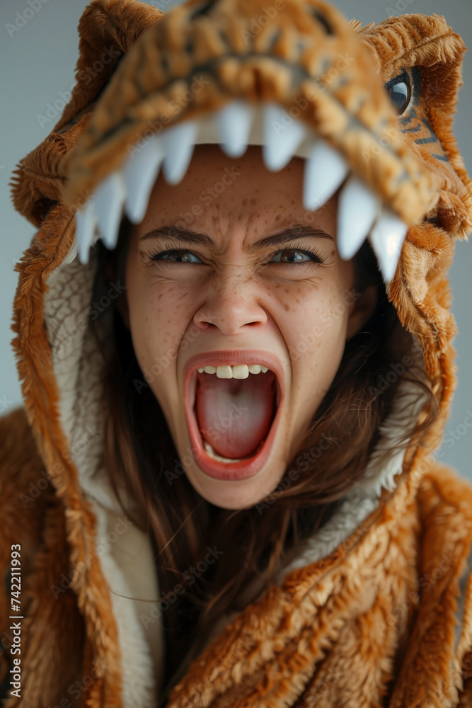 Prehistoric roar, a woman transforms into a T-Rex and makes a growl ...