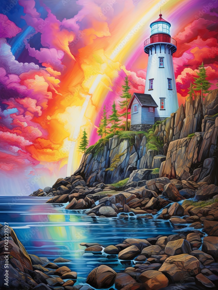 River Lighthouse and Cliffside Inland Beacon Painting: Majestic ...