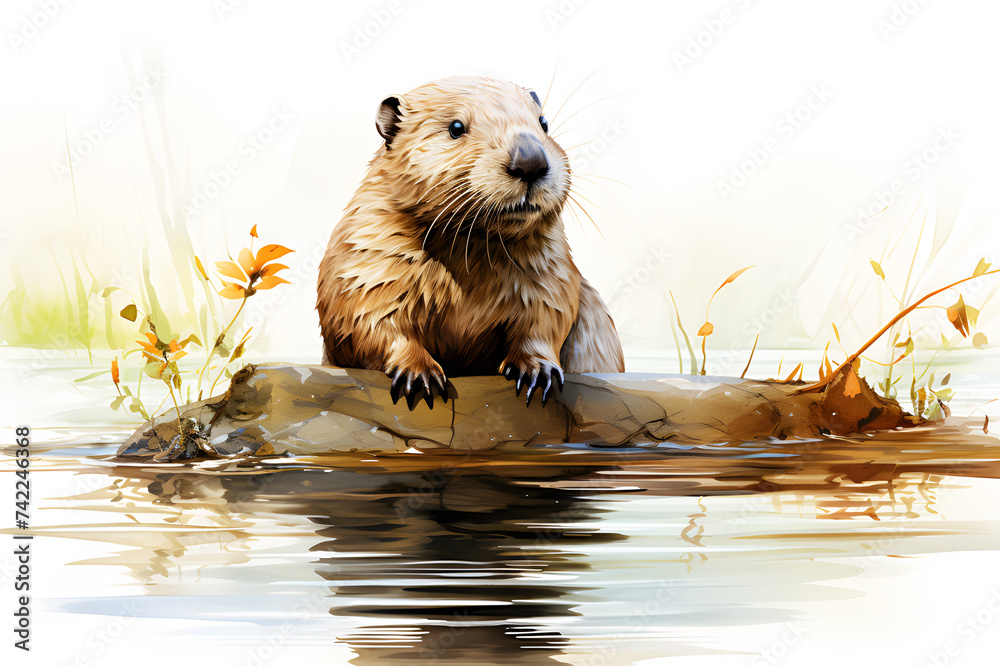 Picture draw by watercolor of Beaver to find food on a natural ...