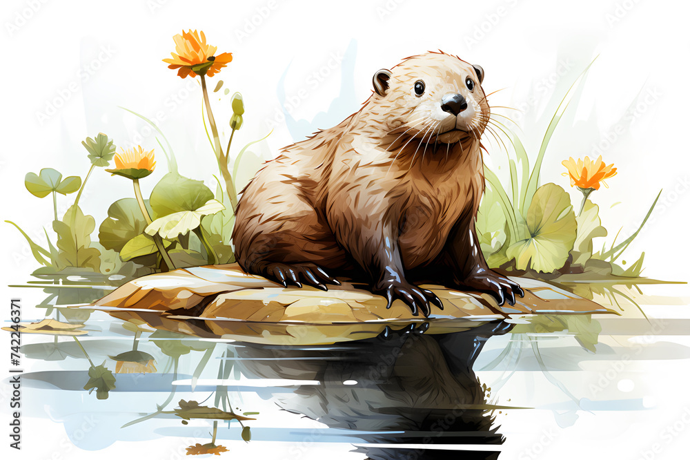 Picture draw by watercolor of Beaver to find food on a natural ...