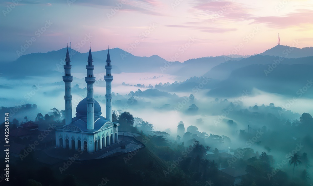 Islamic background with a ancient mosque perched atop a hill ...